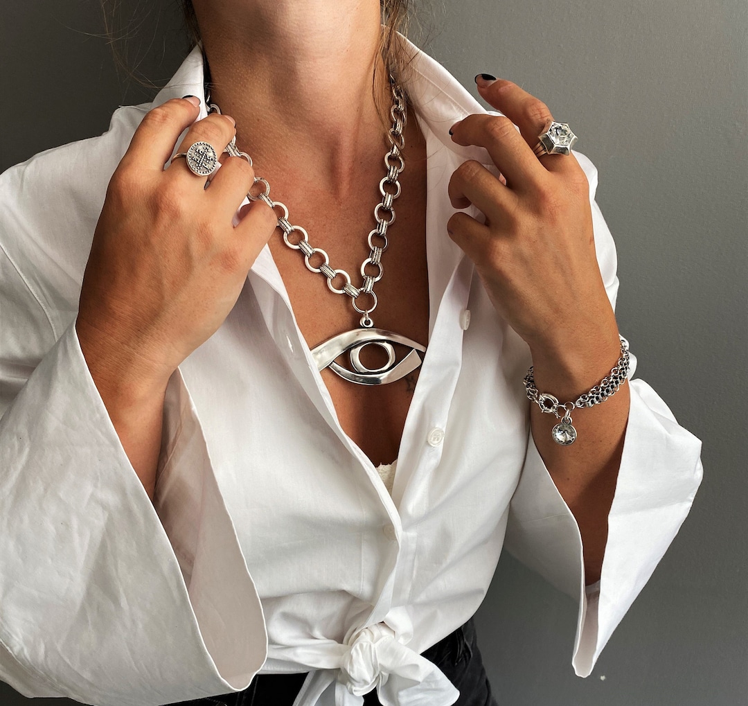 Silver Large Evil Eye Protection Necklace, Antique Silver Chunky Chain ...