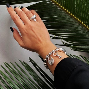 Womens Chunky Padlock and Key Ball Chain Bracelet, Silver Ball Chain ...