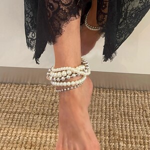 Elegant Chunky Pearl Beaded Anklet• Stacking Silver Ball Chain Ankle ...