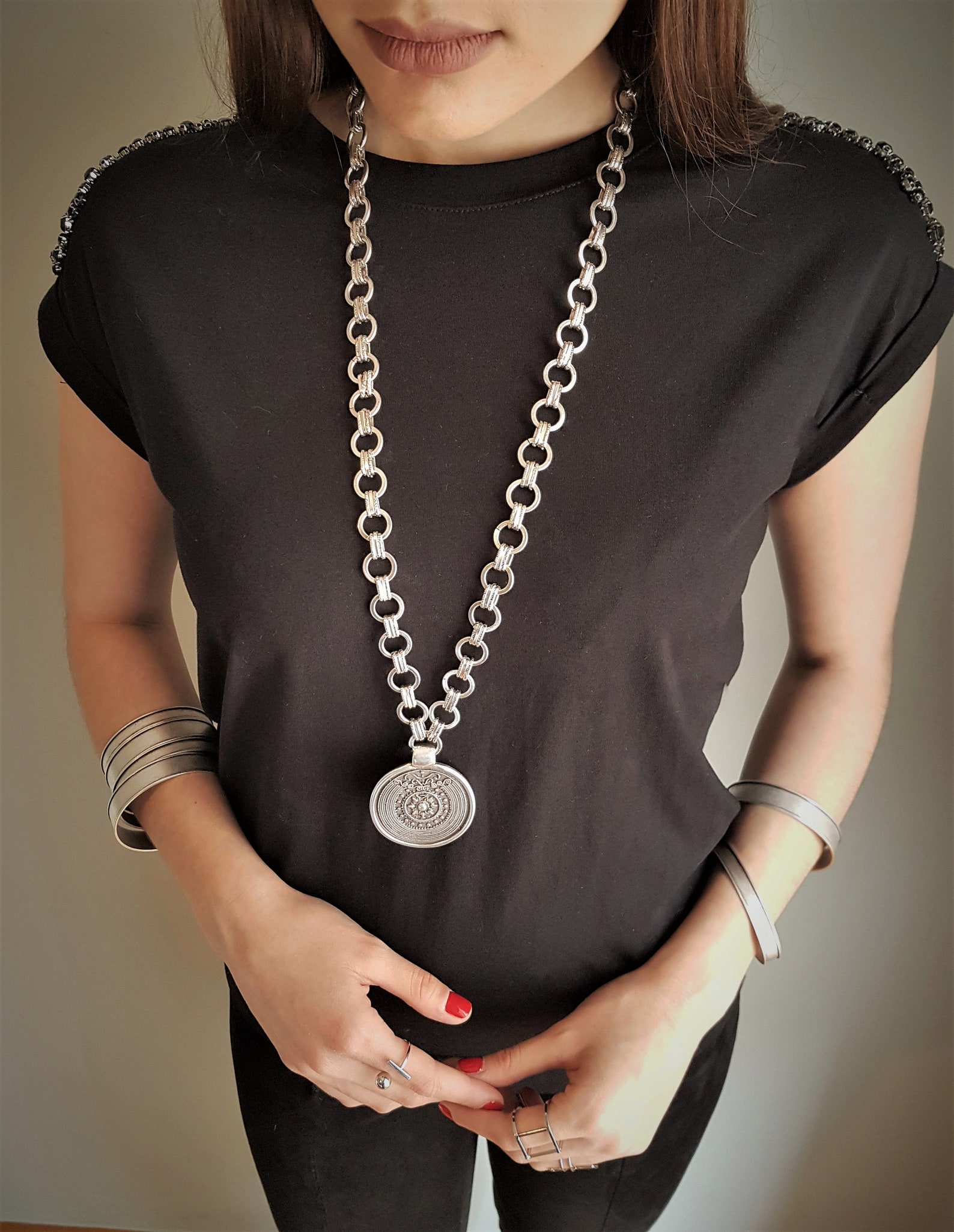 Long Statement Bold Chain Pendant Antique Silver Disk - Etsy