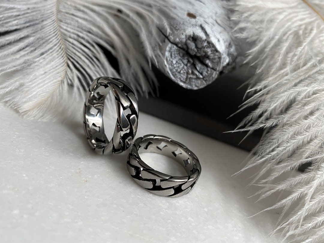Minimal Stainless Steel Chain Ring• Biker Punk Style Dark Silver Chunky ...