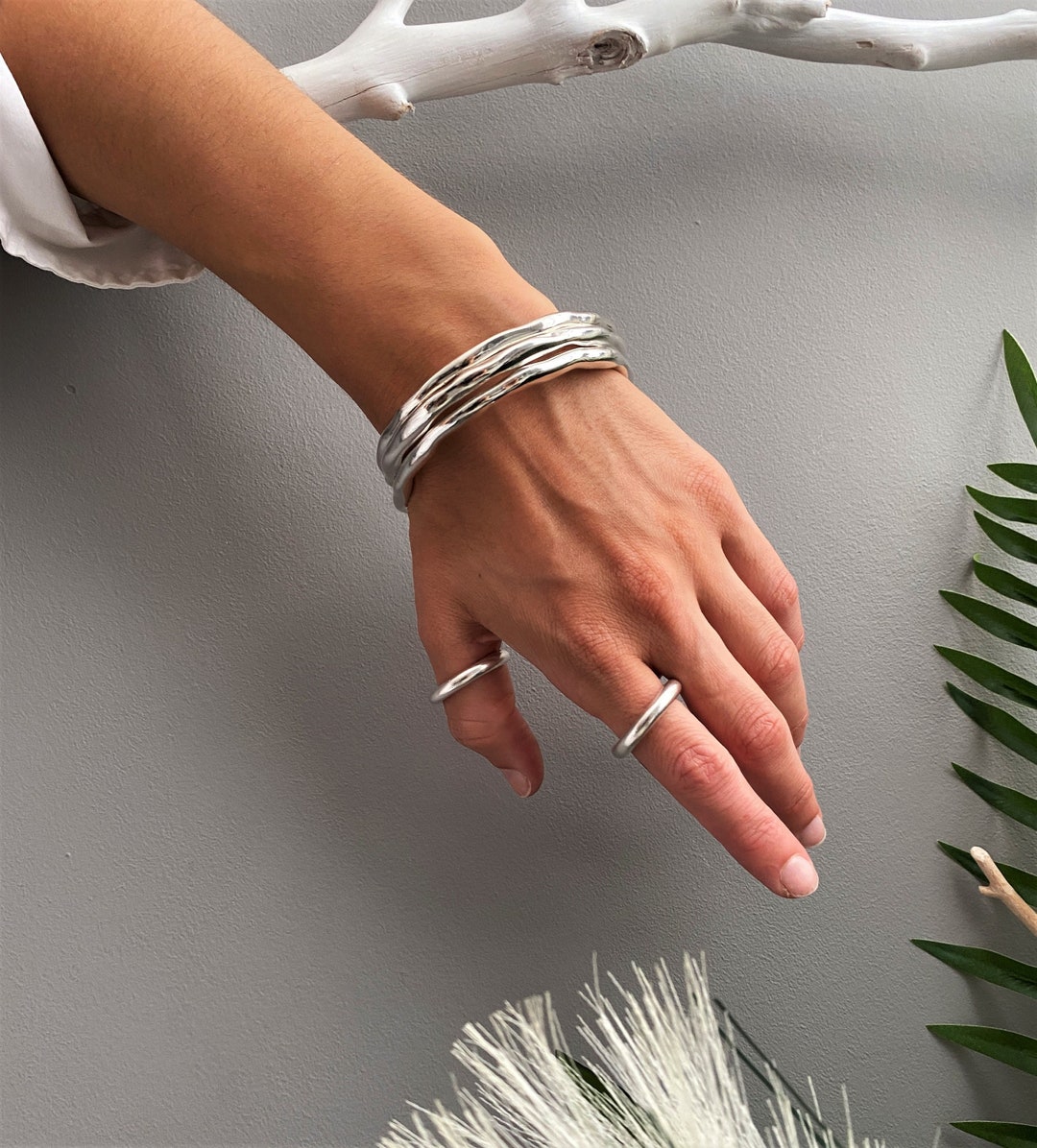 Thick Branch Bangle, Silver Polished Twisted Bangle, Chunky Wavy Uno De ...