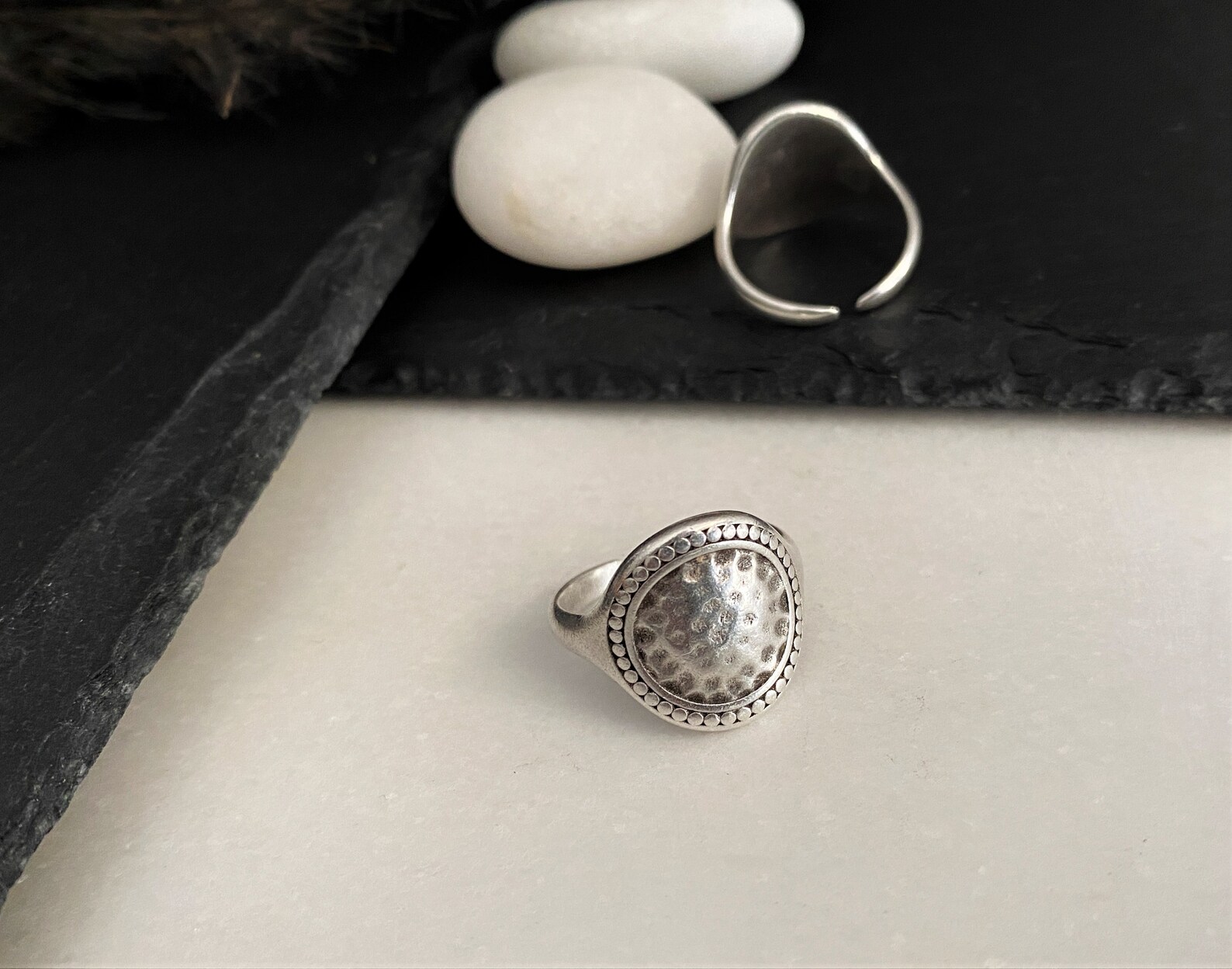 Antique Silver Round Disc Hammered Ring Modern Adjustable - Etsy
