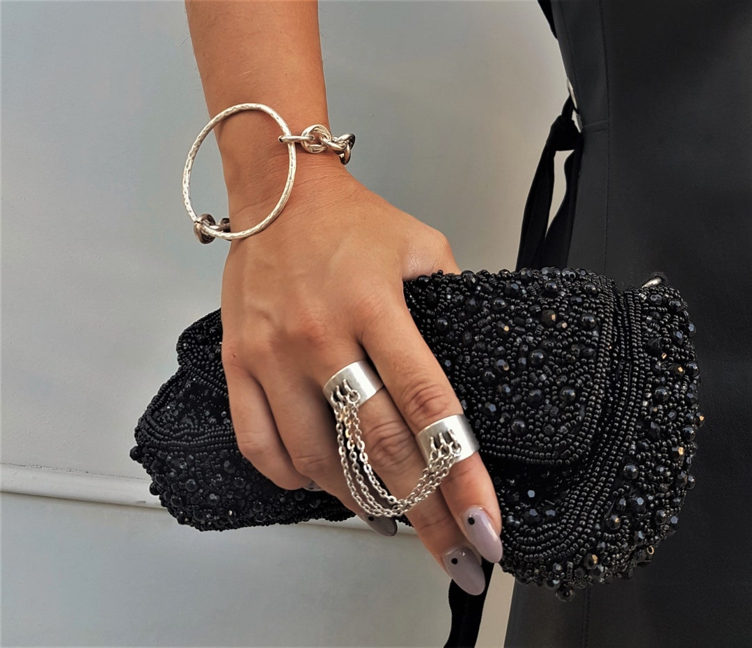 Connected Chain Ring Set, Antique Silver Triple Chain Knuckle Ring Set ...