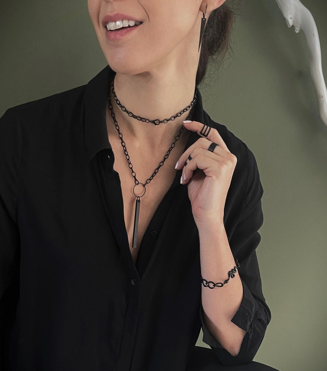 Womens Matte Black Bar and Chain Necklace, Long Black Metal Bar Pendant ...