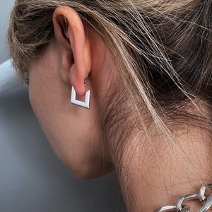 Small Smooth Square Stud Earrings, Sharp Geo Huggie Hoop Earrings, Open ...