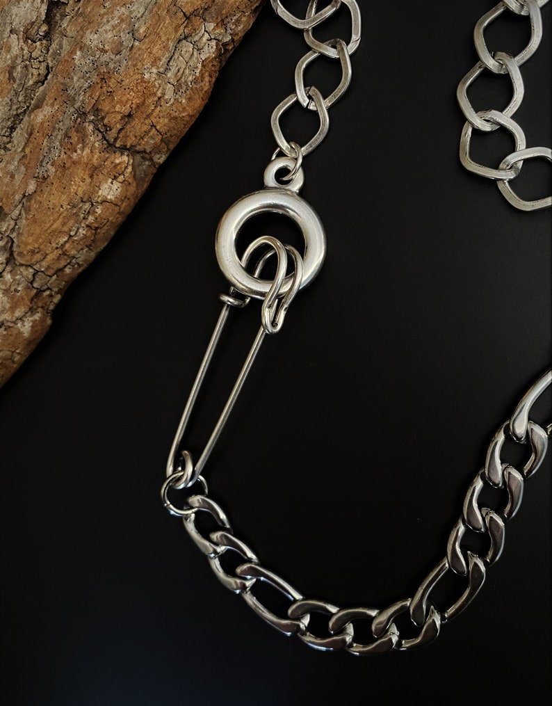 Chunky Mixed Chains Safety Pin Necklace Silver Safety Pin - Etsy