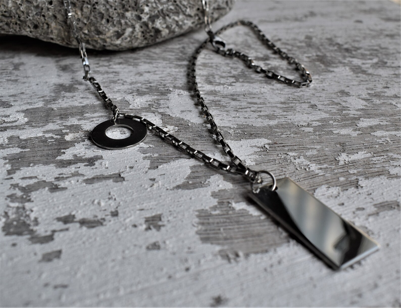 Mens Silver Square Link Chain Dog Tag Pendant Geometric - Etsy