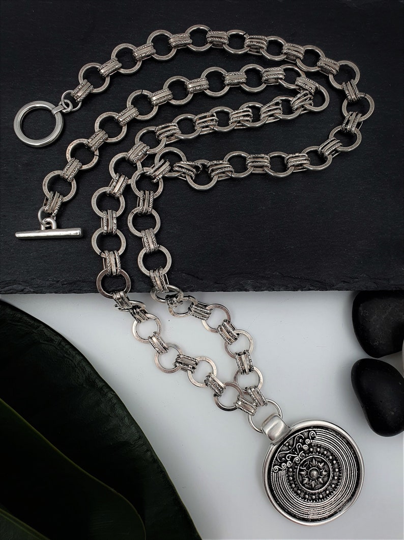 Long Statement Bold Chain Pendant Antique Silver Disk - Etsy