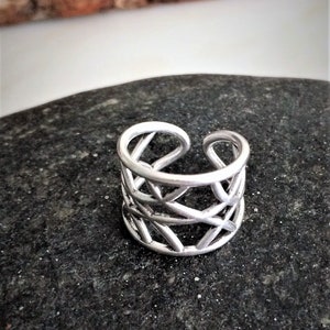 Silver Statement Abstract Ring, Metal Woven Wide Ring, Silver ...