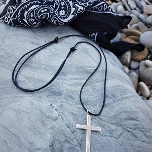 Large Silver Skinny Cross Necklace, Minimal Leather Rock Style Pendant ...