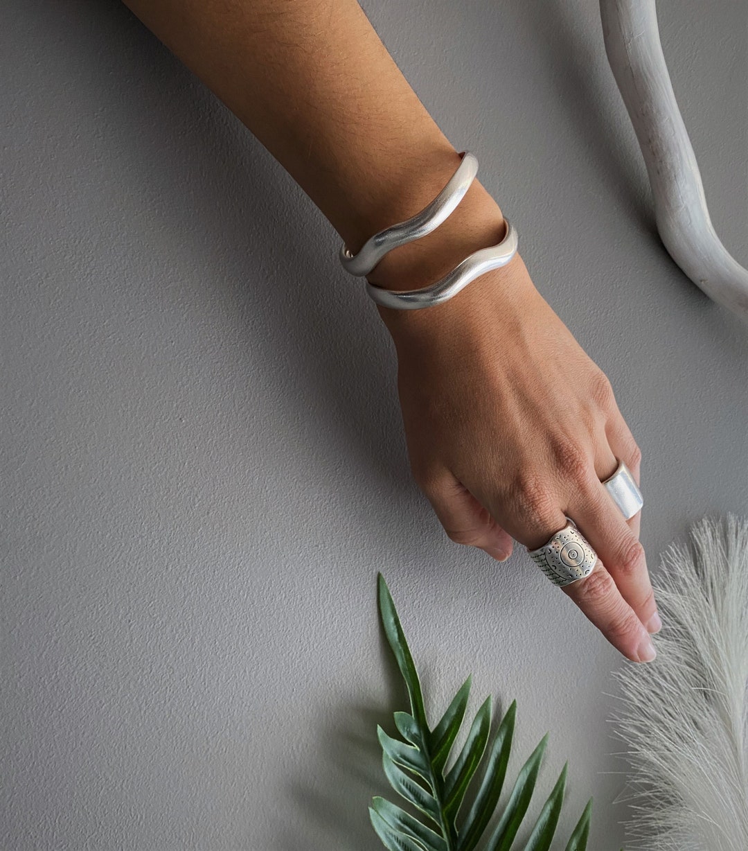 Wavy Antique Silver Open Cuff Bracelet, Sturdy Silver Abstract Cuff ...