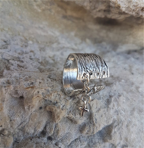 Engraved silver band cross ring adjustable wide cuff ring | Etsy