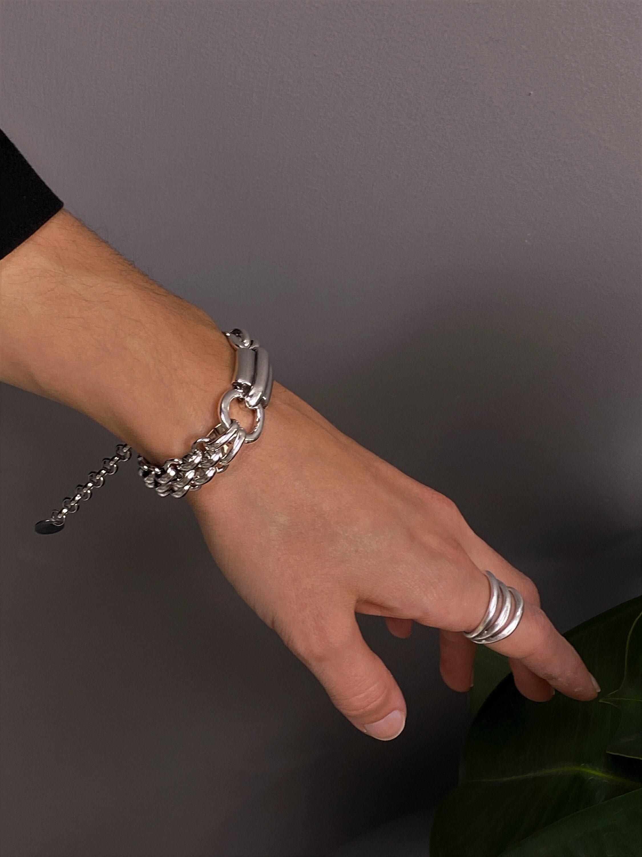 New Thick Silver Chain ID Tag Uno De 50 Style Bracelet• Large Bulky ID ...