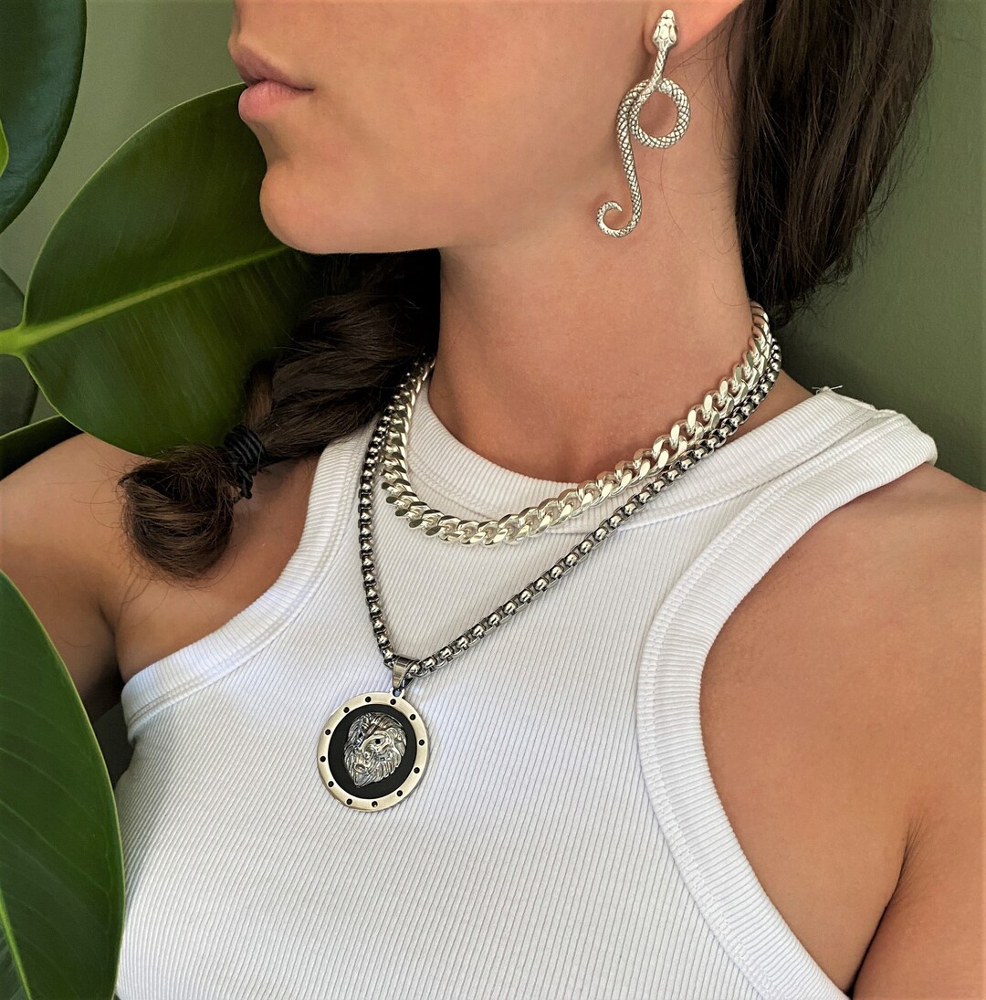 Large Stainless Steel Lion Pendant Necklace SET• Layering Chunky Box ...