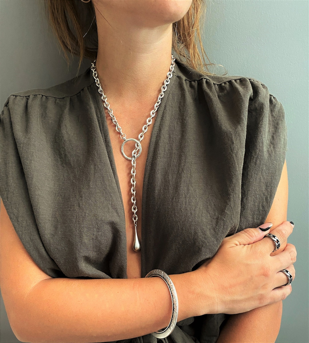 Antique Silver Rolo Chain Lariat Necklace, Womens Drop and Circle ...