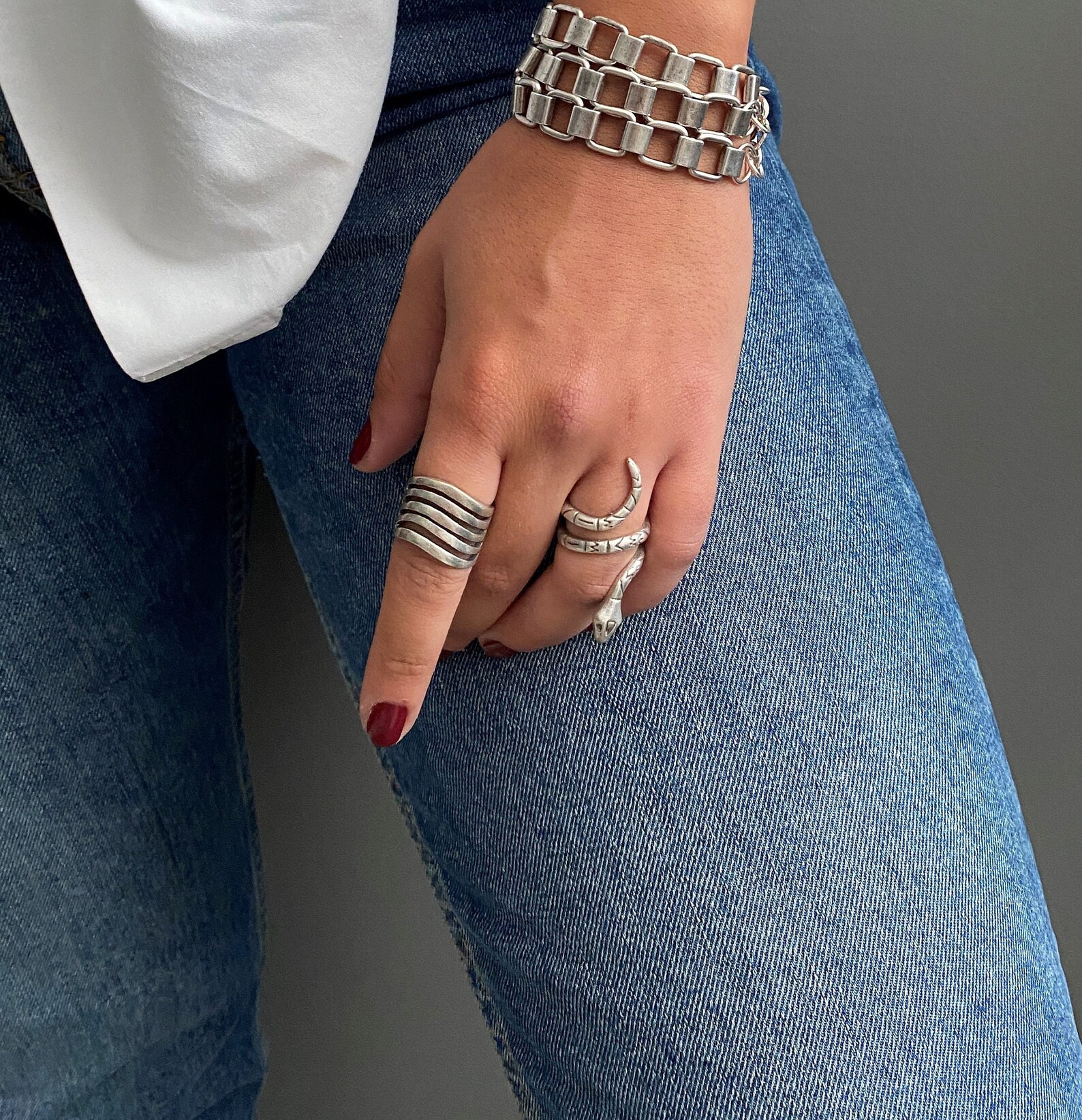 Antique Silver Lines Wavy Ring, Vintage Style Adjustable Wide Ring ...