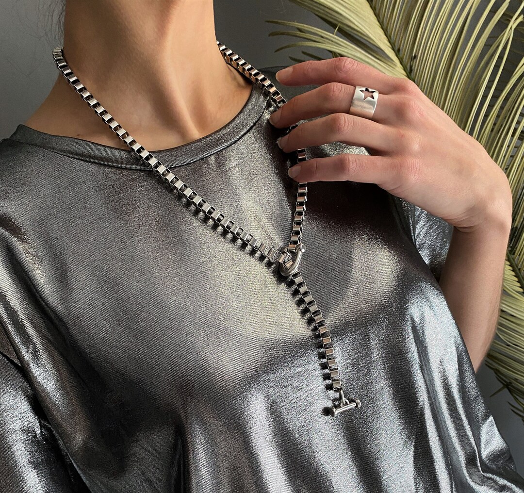 Bold Biker Punk Style Silver Box Chain Necklace• Unisex Shackle Lariat ...