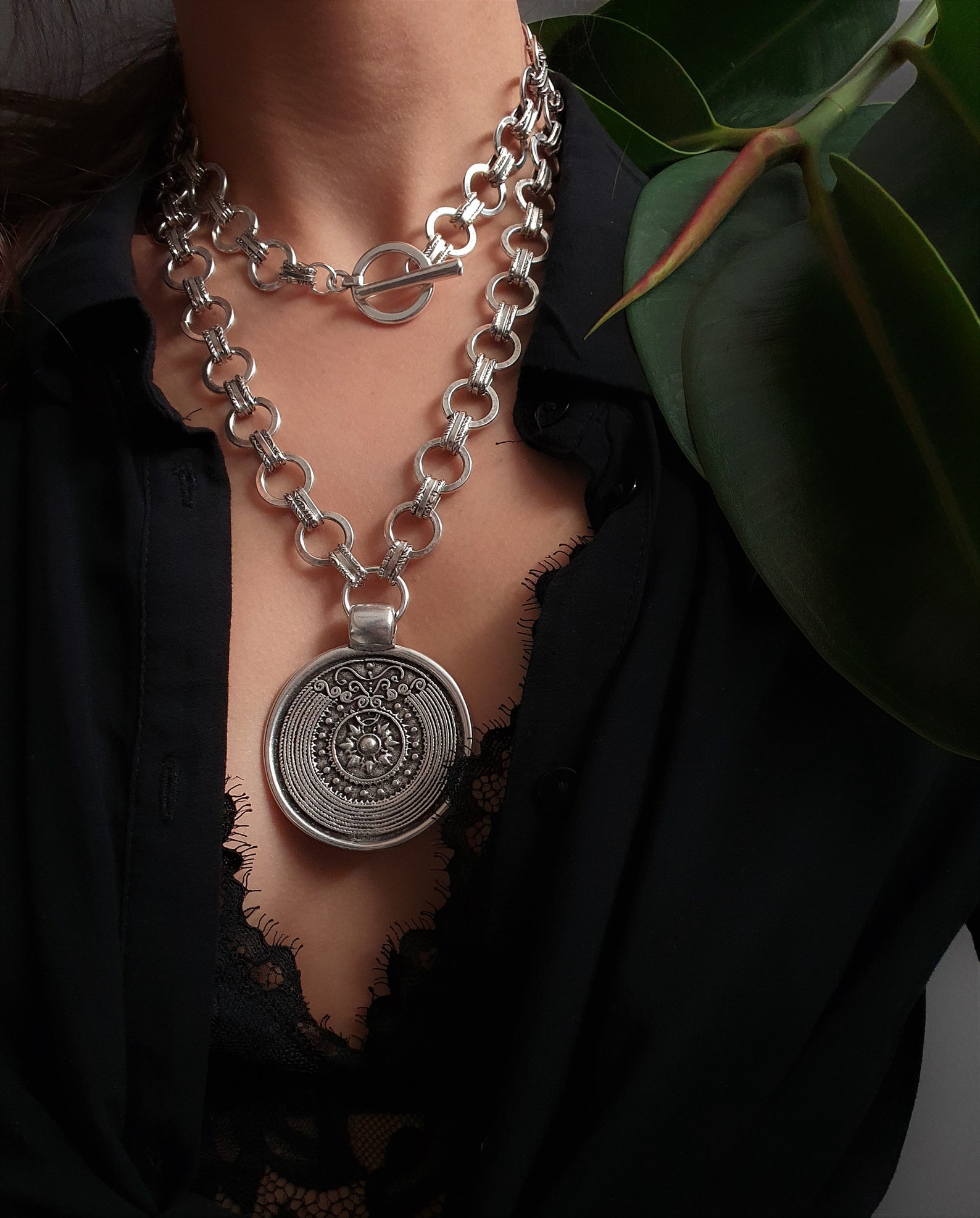 Long Statement Bold Chain Pendant Antique Silver Disk - Etsy