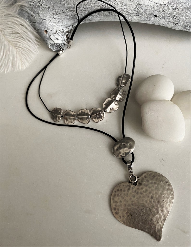 Silver Large Heart Necklace Chunky Hammered Heart Pendant - Etsy