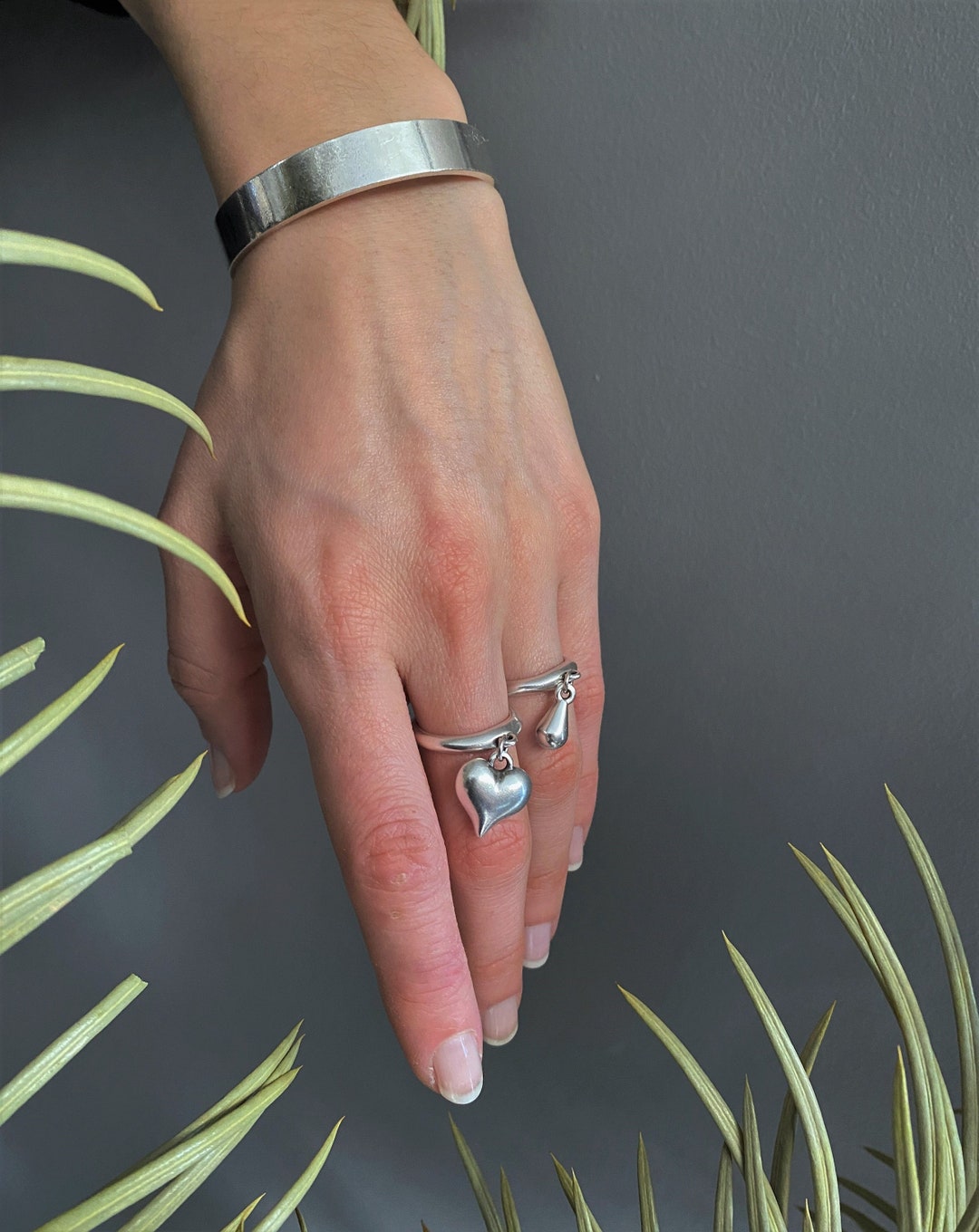 Dangling Charms Ring• Small Teardrop OR Heart Ring• Elegant HEART Ring ...