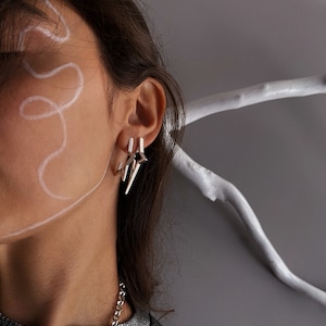 Antique Silver Pointy Star Earrings, Long Sharp Stud Earrings Set, Edgy ...