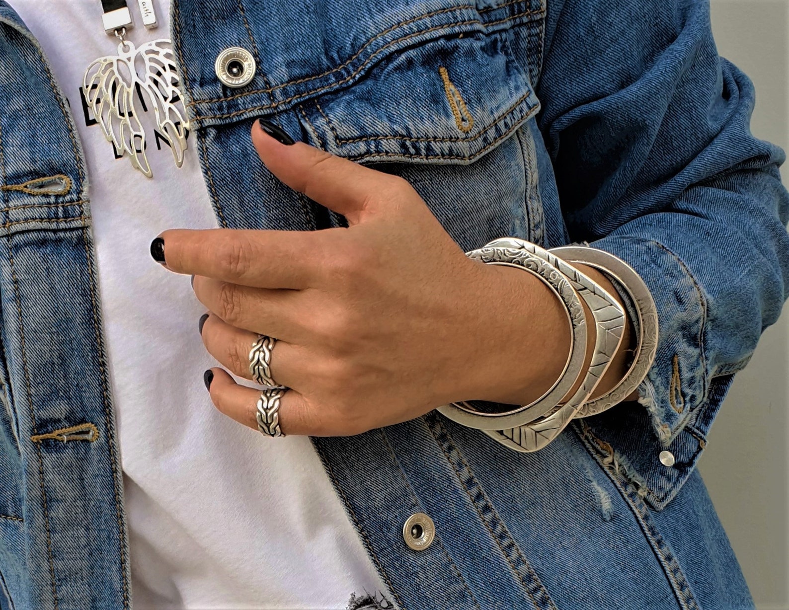 Antique Silver Solid Bracelet Thick Engraved Stacking | Etsy
