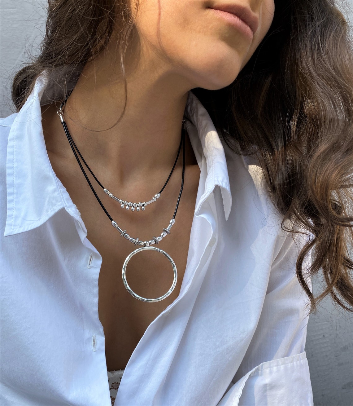 Womens O Ring Layered Leather Strands Necklace Short Beaded - Etsy