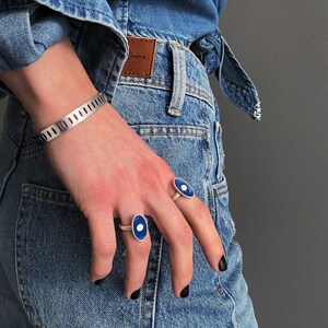 Dark Blue Oval Evil Eye Ring• Stacking Evil Eye Adjustable Ring• Daily ...