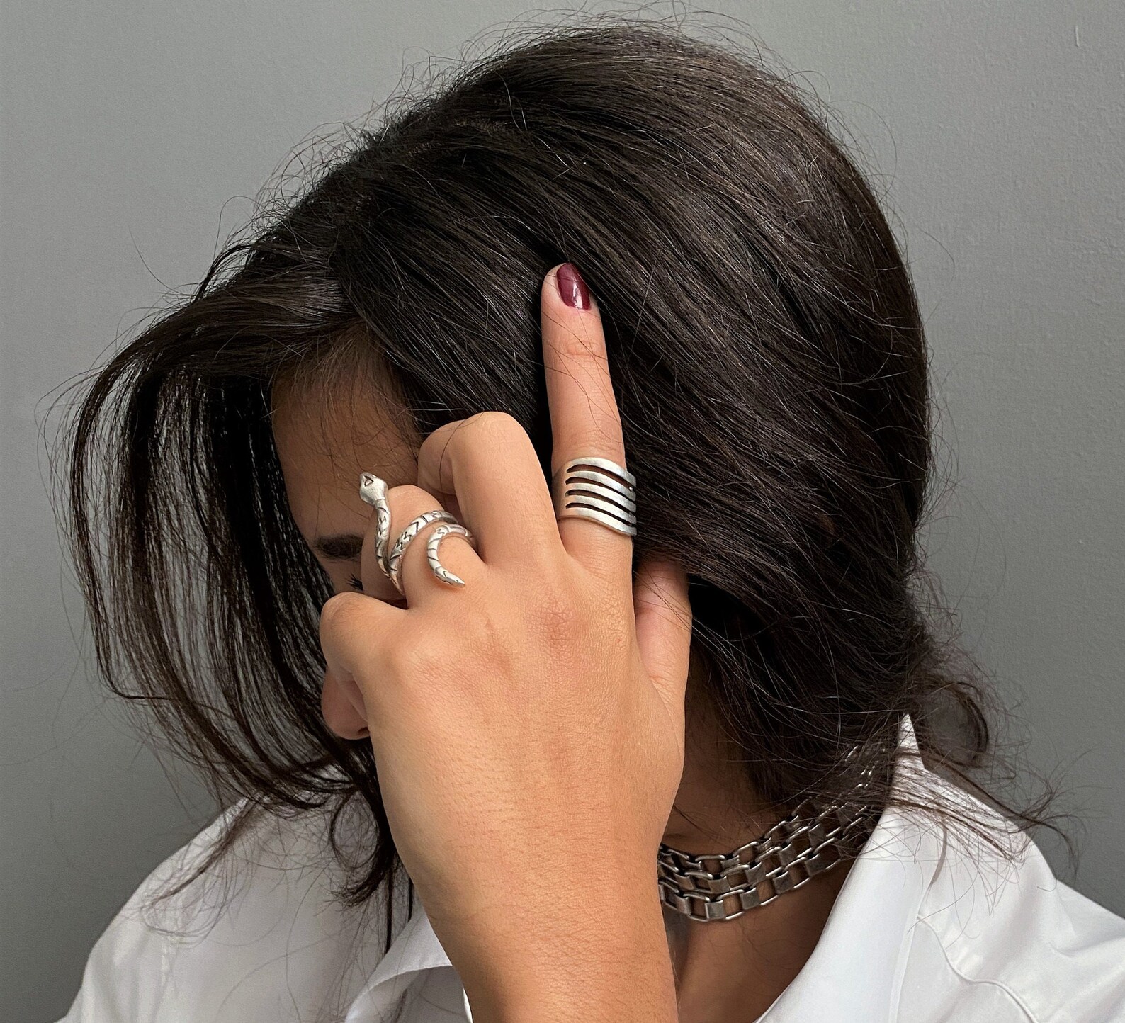 Antique Silver Lines Wavy Ring, Vintage Style Adjustable Wide Ring, Oxidized Curved Open Ring ...