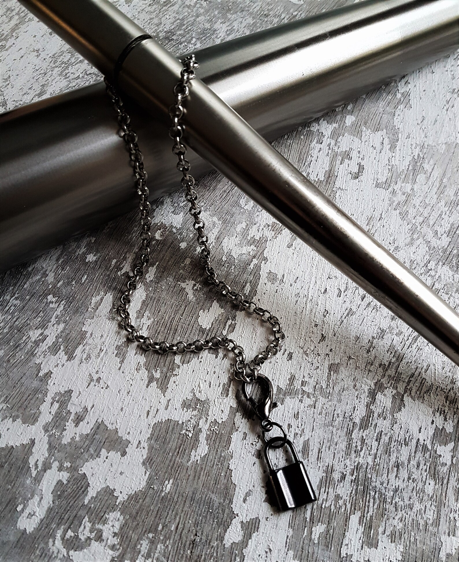 Dark Silver Rolo Chain With Padlock Pendant Silver Thick | Etsy