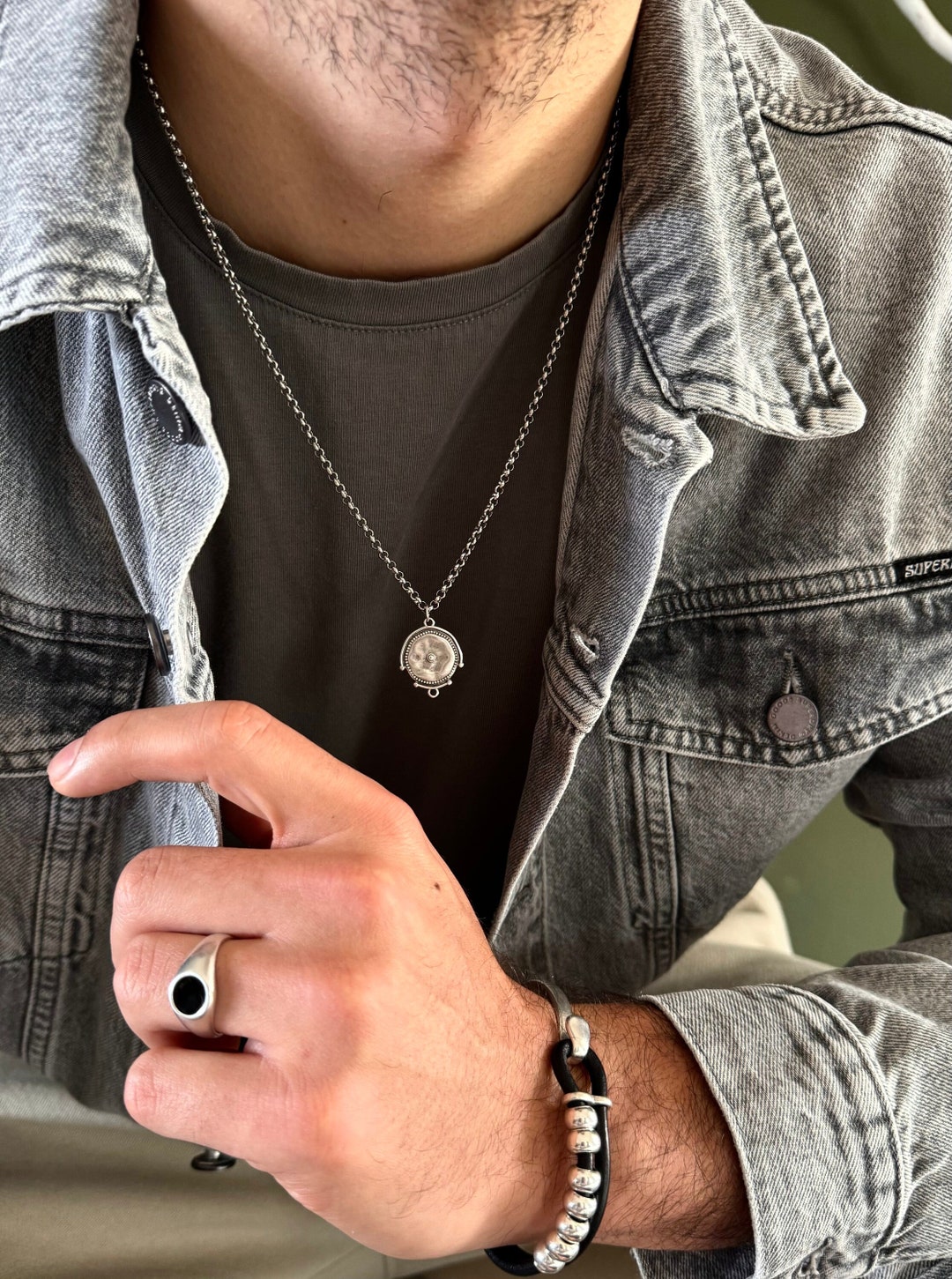 Mens Coin Antique Silver Necklace• Ancient Greek Coin Short Pendant ...