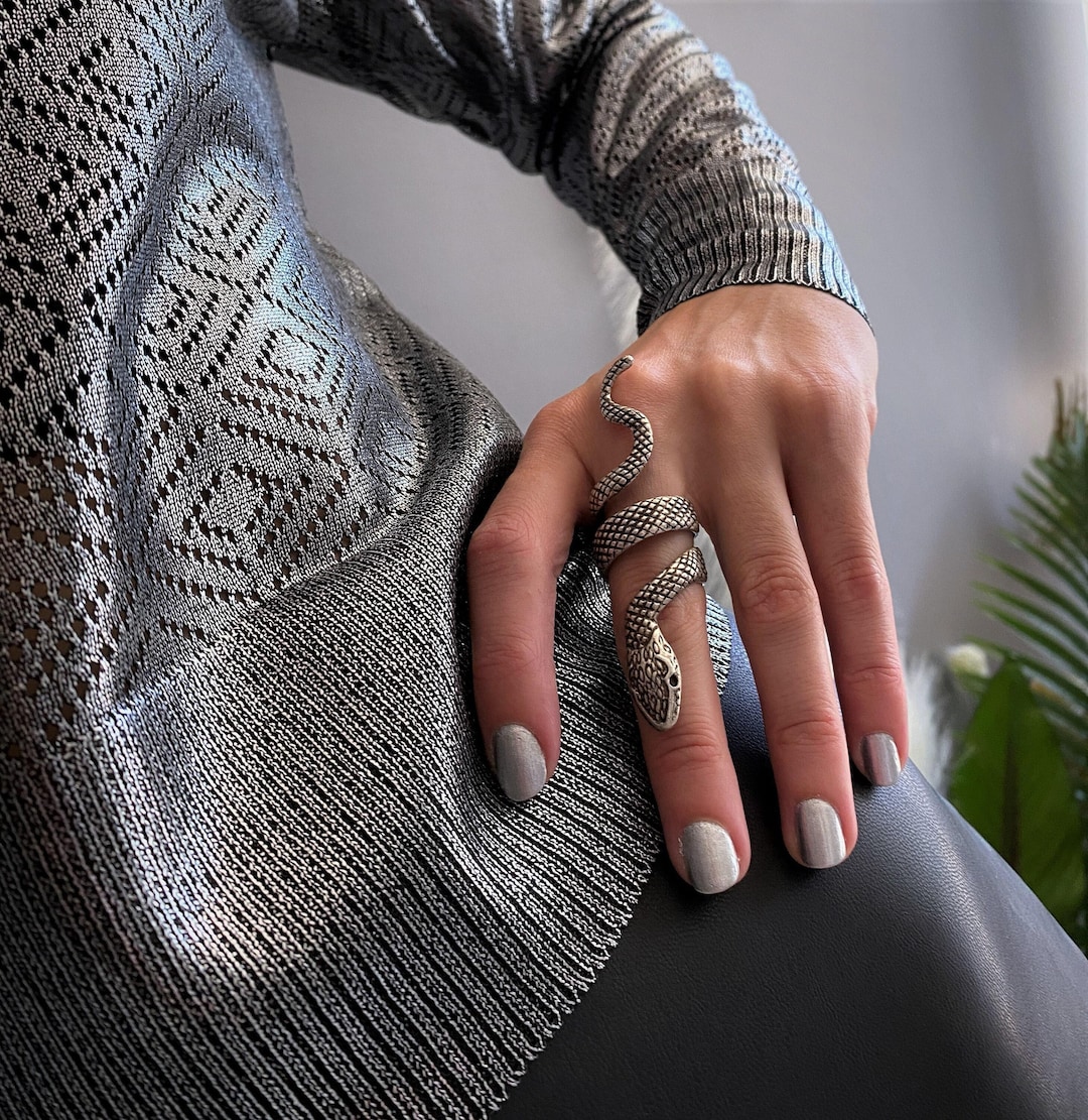 Dark Silver Extra Long Finger Ring, Statement FULL FINGER SERPENT Ring ...