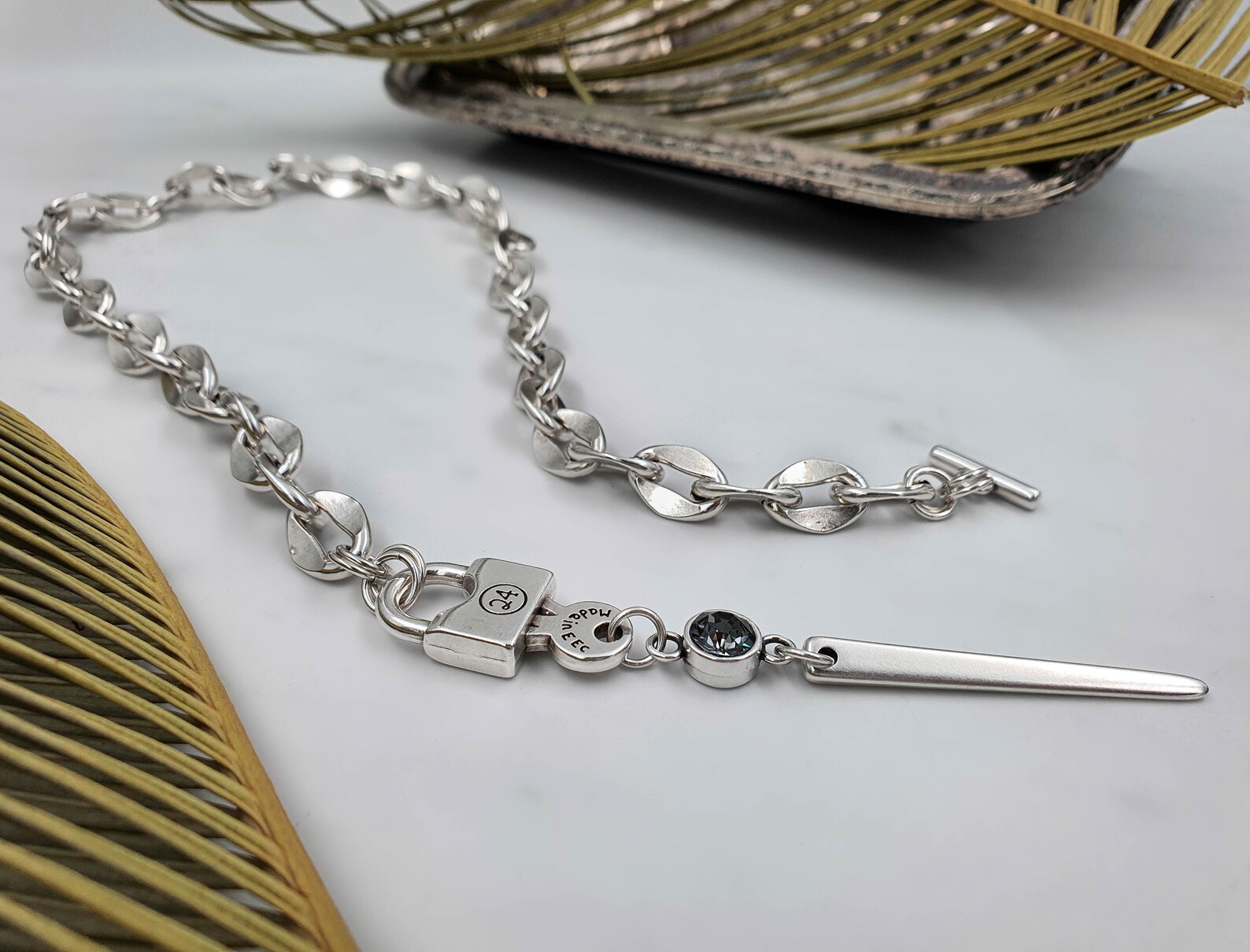 Massive Chain Sharp Padlock Swarovski Necklace, Antique Silver Lock and ...