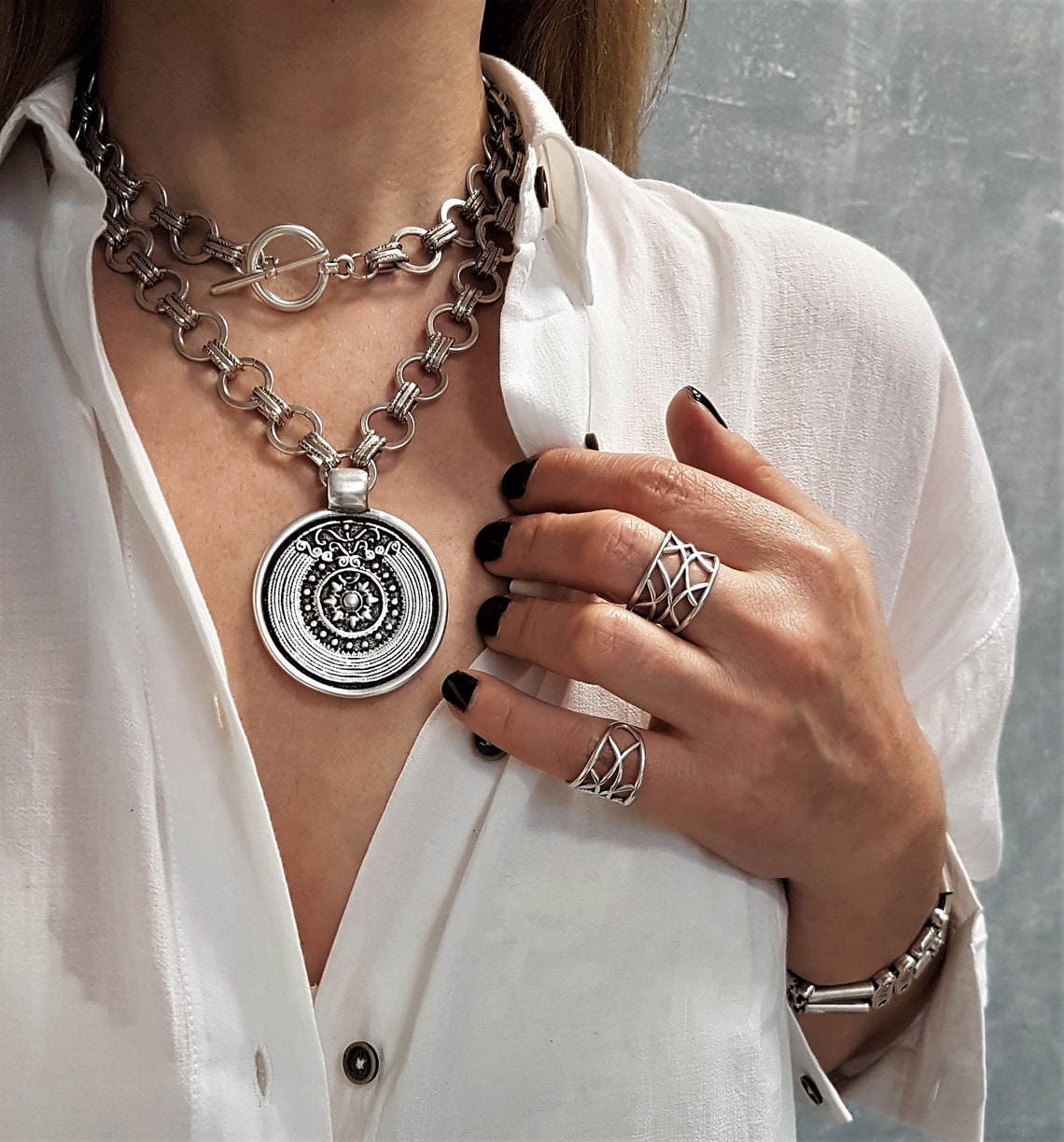 Long statement bold chain pendant antique silver disk | Etsy