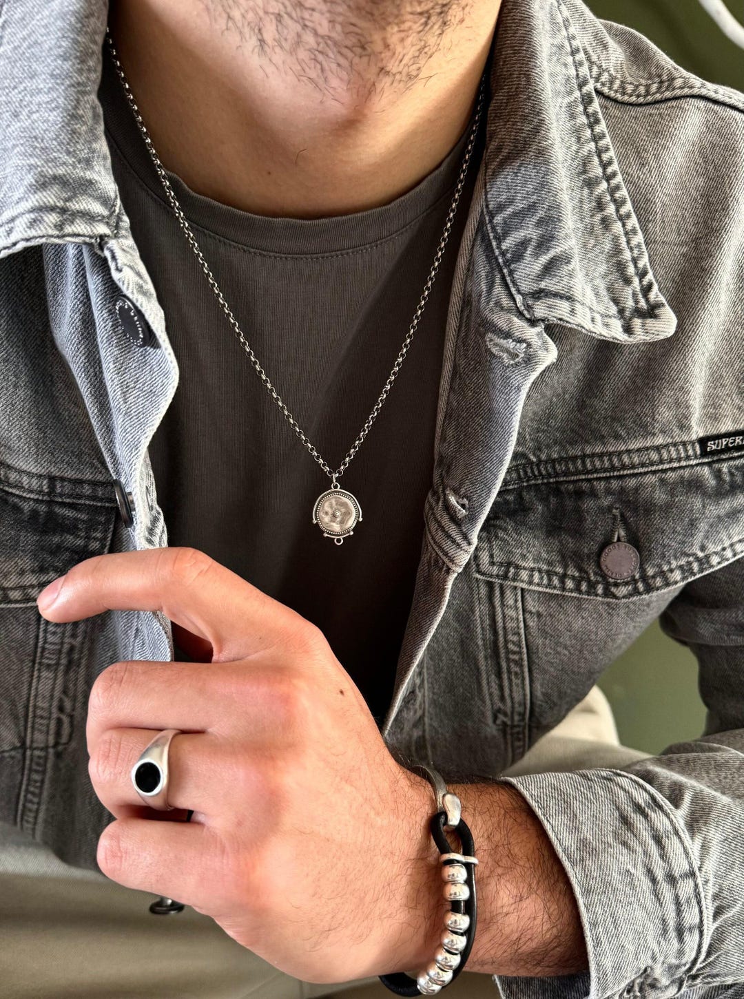 Mens Coin Antique Silver Necklace• Ancient Greek Coin Short Pendant ...