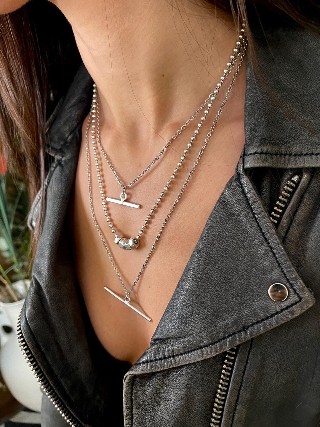 Layered Chains Edgy Statement Necklace• Set of Three Silver Rock Style ...