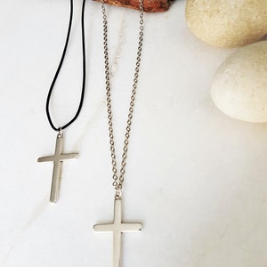 Large Silver Skinny Cross Necklace, Minimal Leather Rock Style Pendant ...