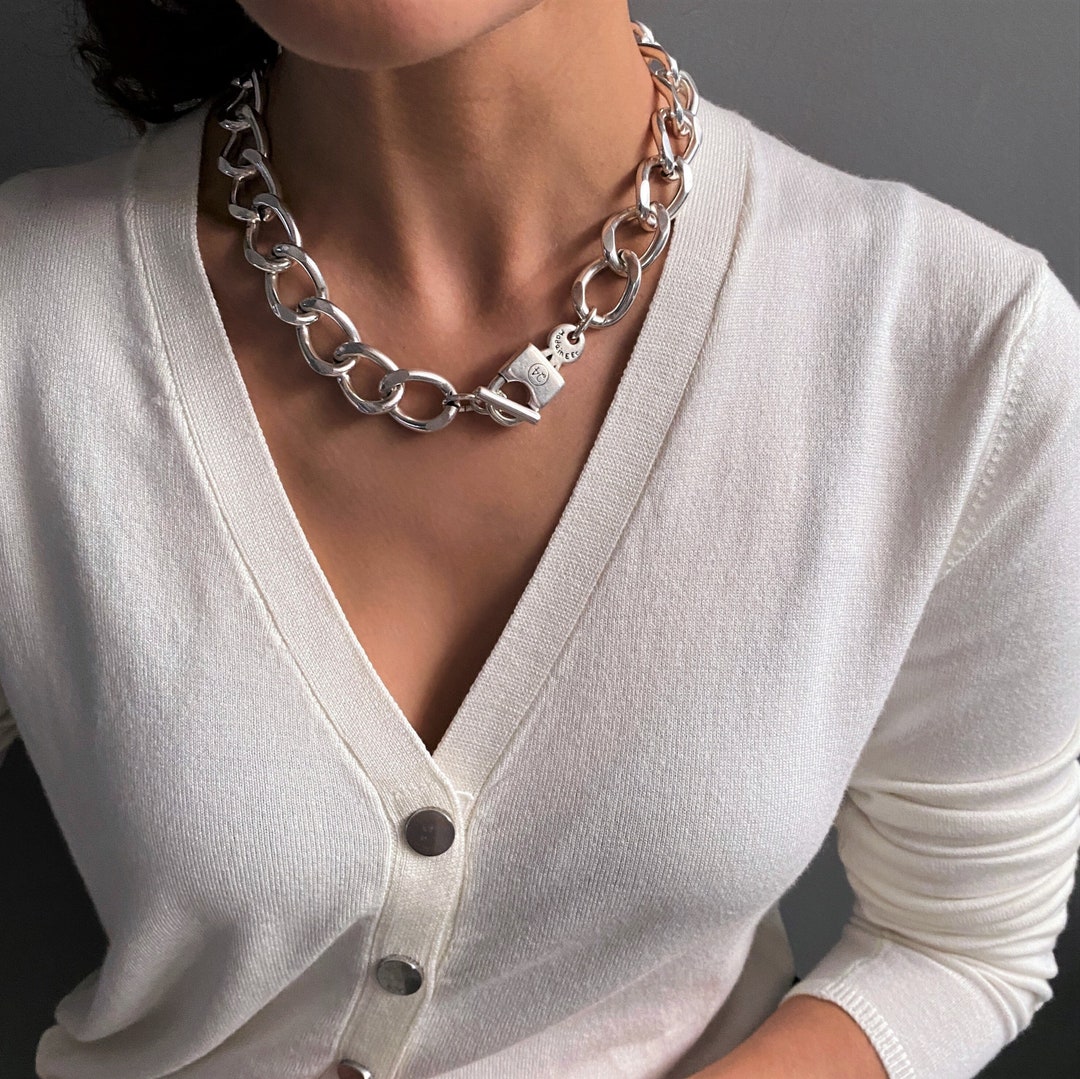 Chunky Heavy Chain Padlock Necklace• Oversized Silver Chain Statement Necklace• Edgy Style ...