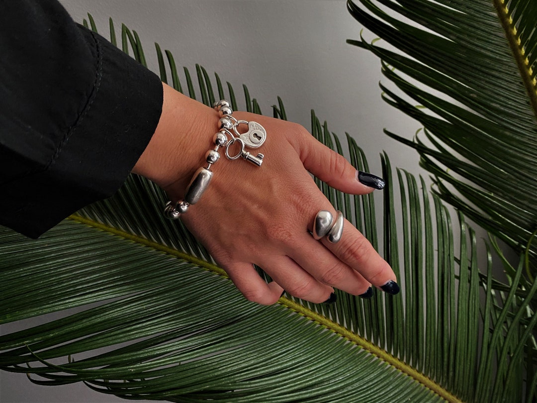 Womens Chunky Padlock and Key Ball Chain Bracelet, Silver Ball Chain ...