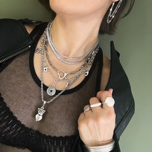 Multi Chains Silver Layered Charm Necklaces Set• Stackable Heart ...