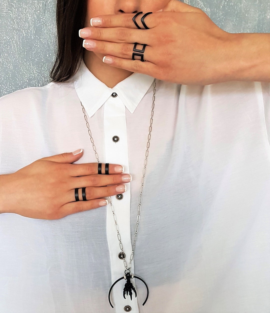 Double Black Adjustable Womens Ring, Matte Black Chevron Minimal Open ...