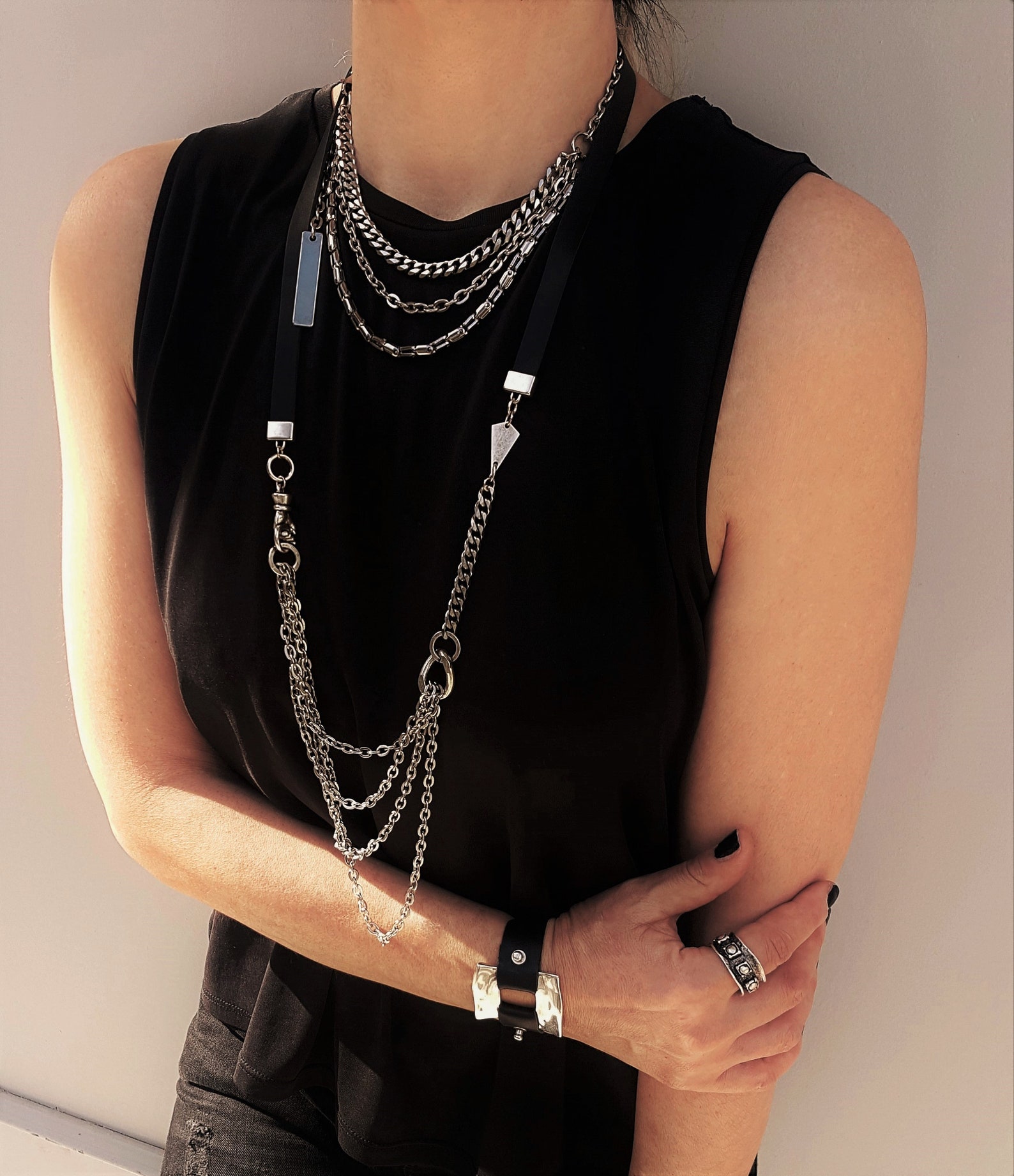 Silver multi chains vertical bar charm choker triple strand | Etsy