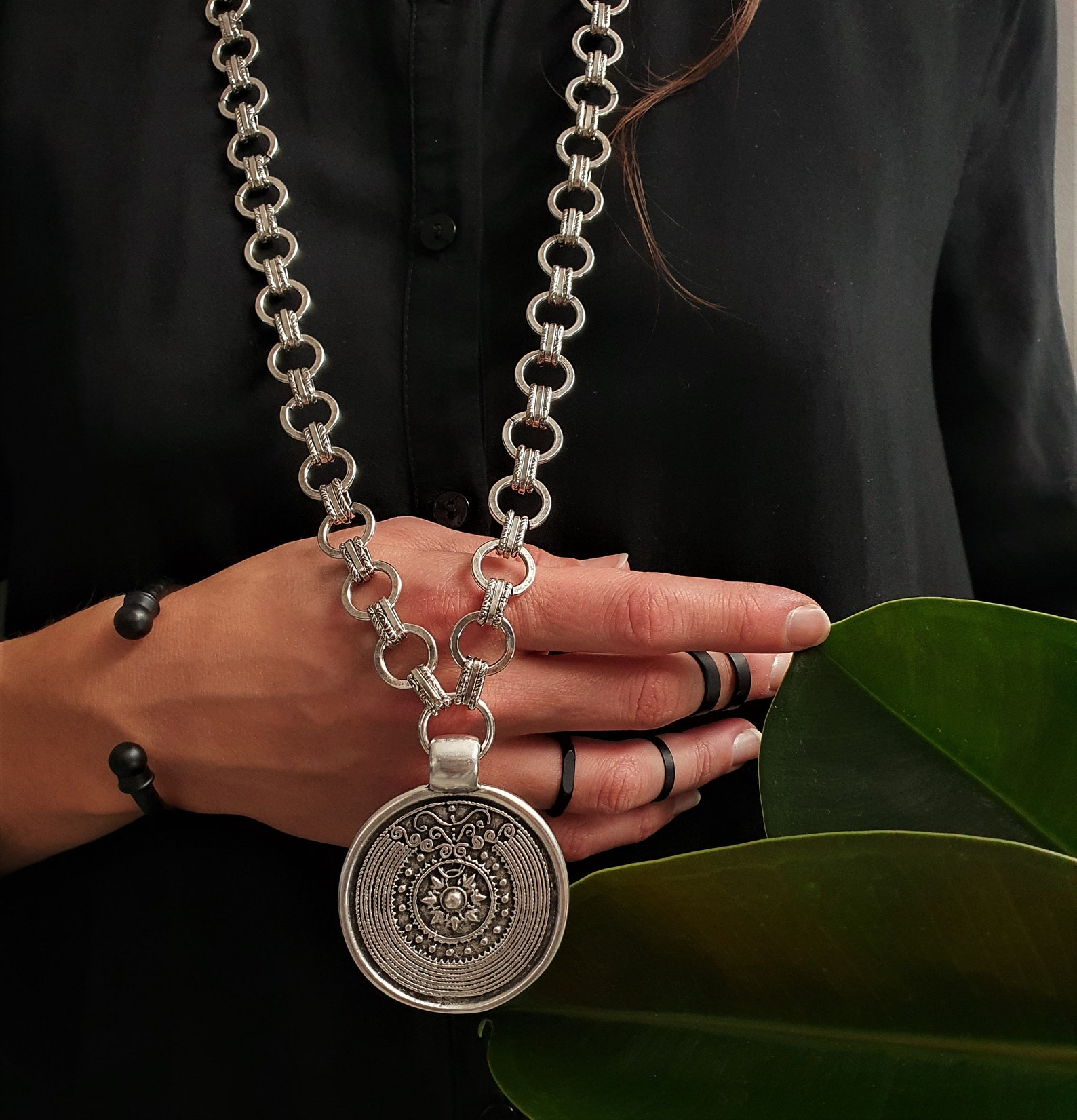 Long Statement Bold Chain Pendant Antique Silver Disk - Etsy