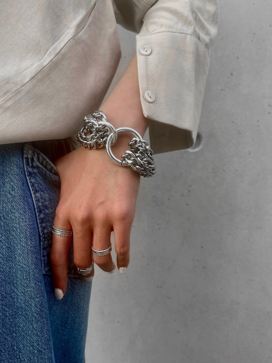 Heavy Multi Chains Silver Bracelet• Massive O Ring Cuff• Stainless ...