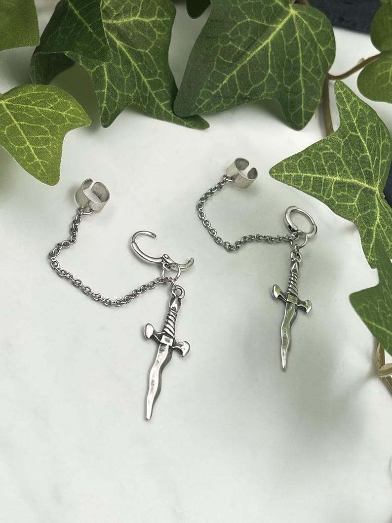 Silver Plated Sword Chain Drop Earring, Edgy Punk Rock Earring, Sharp ...