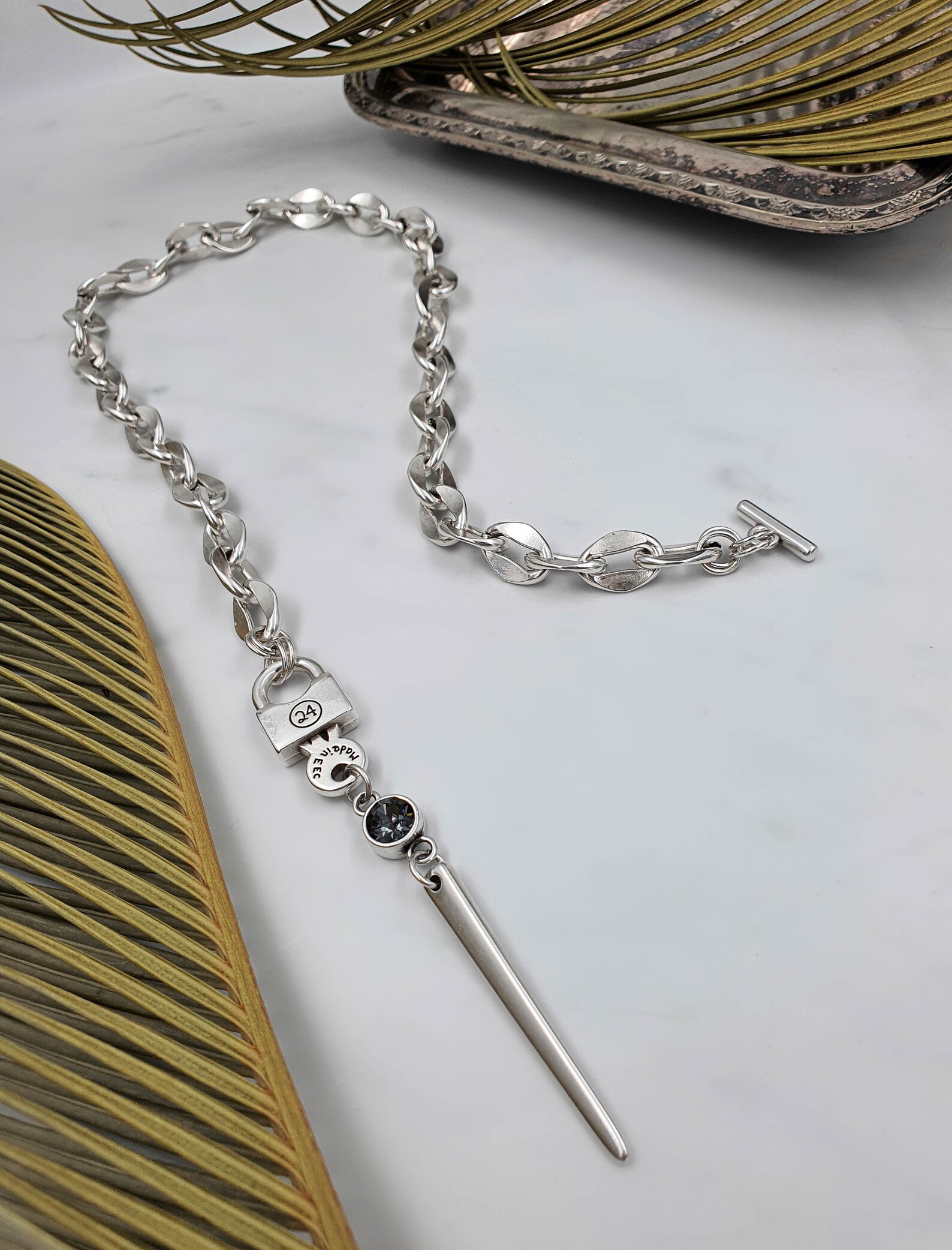 Massive Chain Sharp Padlock Swarovski Necklace, Antique Silver Lock and ...