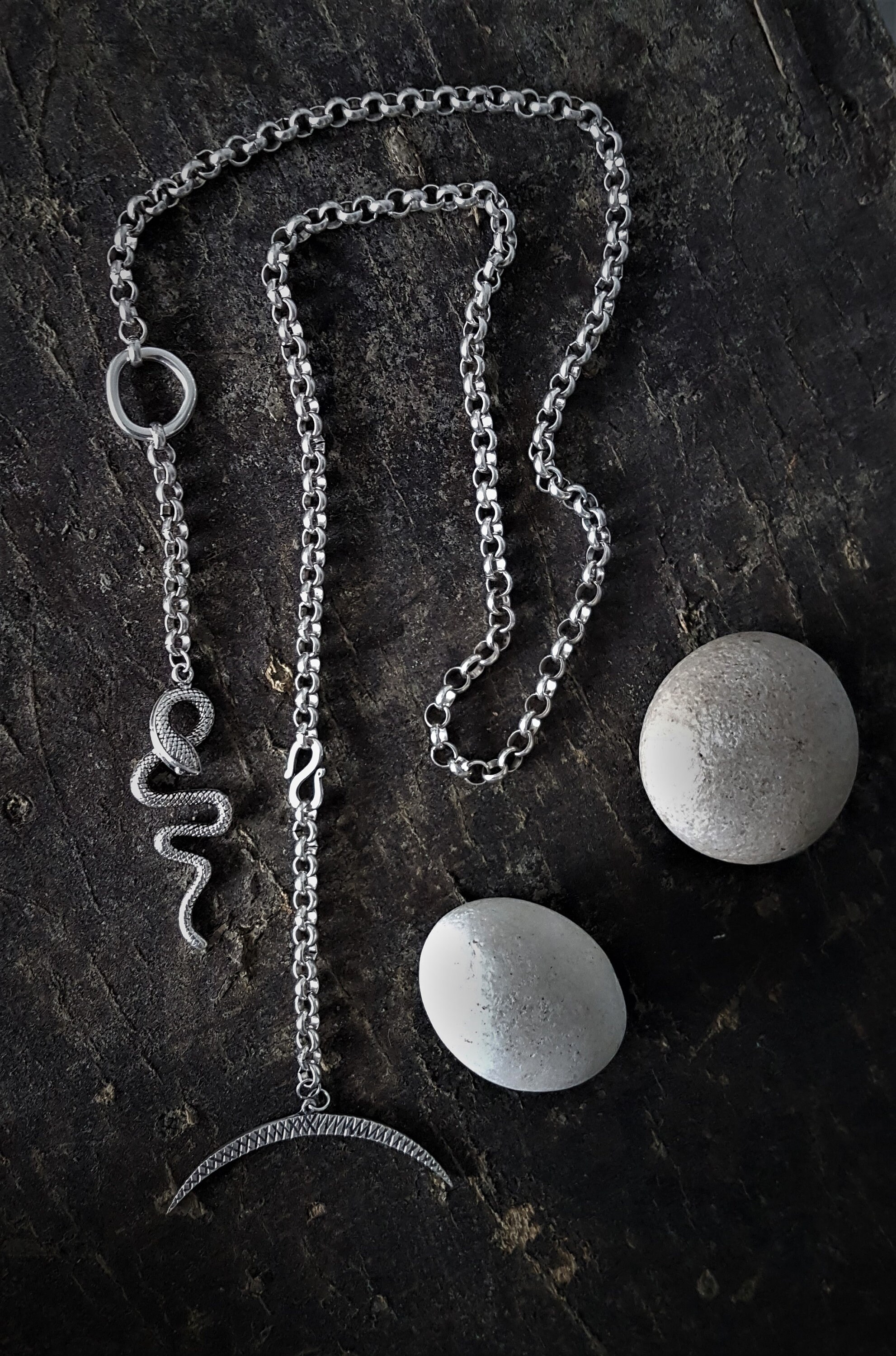 Silver chunky chain lariat snake necklace unique double | Etsy