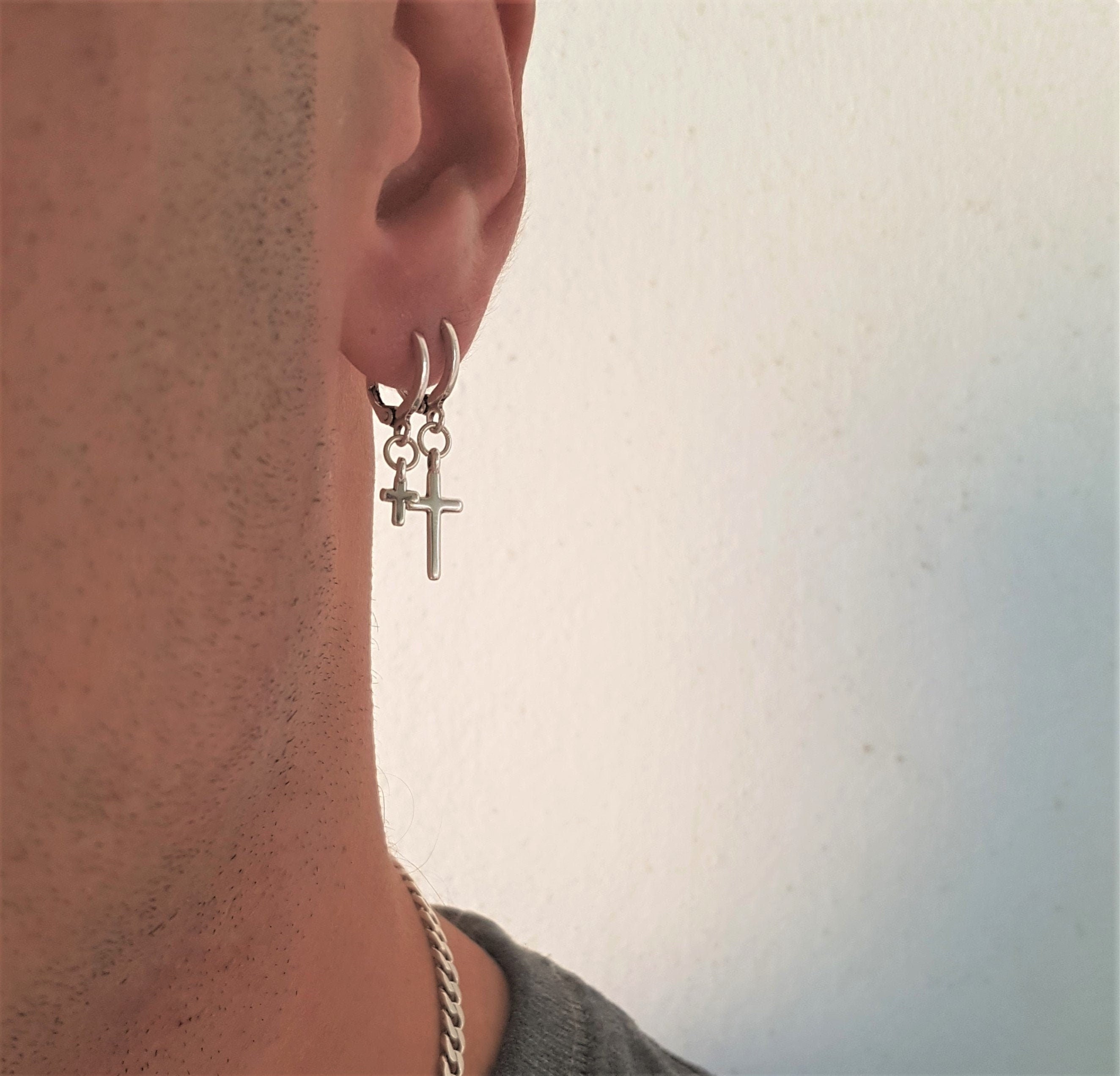 Μens little silver cross earrings minimal rock style cross | Etsy