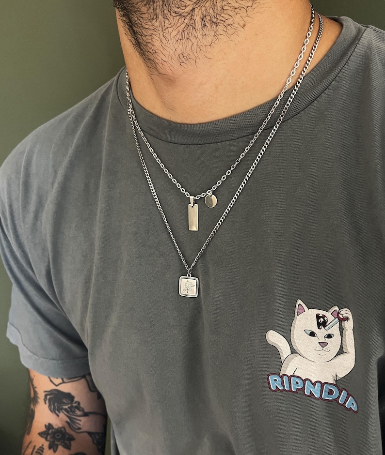 Mens Dog Tag Silver Chain Necklace• Geometric Short Chain Necklace ...